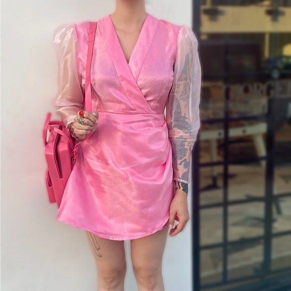 Madeleine Simon | Dresses | Barbie Pink Mini Dress With Sheer Sleeves ...